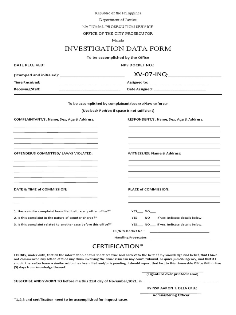 Investigation Data Form | PDF | Manila | Prosecutor