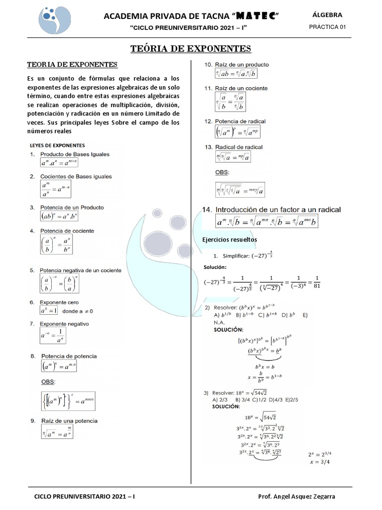 Teoría y Ejercicios de Exponentes | PDF | Matemáticas | Matemática ...