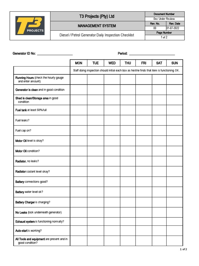 T3P - Checklist-Generator-Daily-Inspection | PDF | Diesel Engine | Vehicles