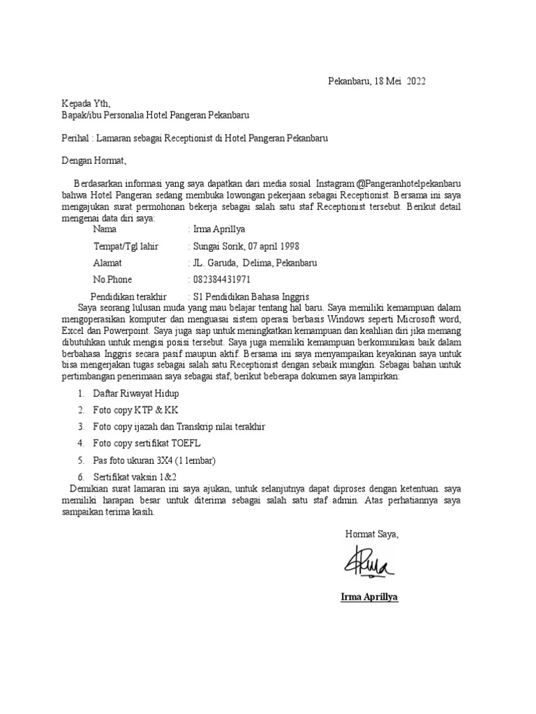 Surat Lamaran Hotel | PDF