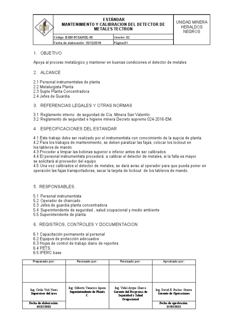 Estandar 08 Mantenimiento y Calibracion Del Detector de Metales Tectron ...