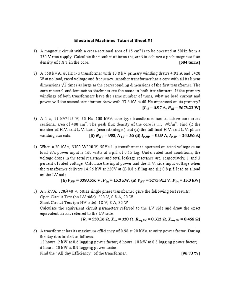 Machines Tutorial Sheet #1 | Download Free PDF | Transformer | Electric Power