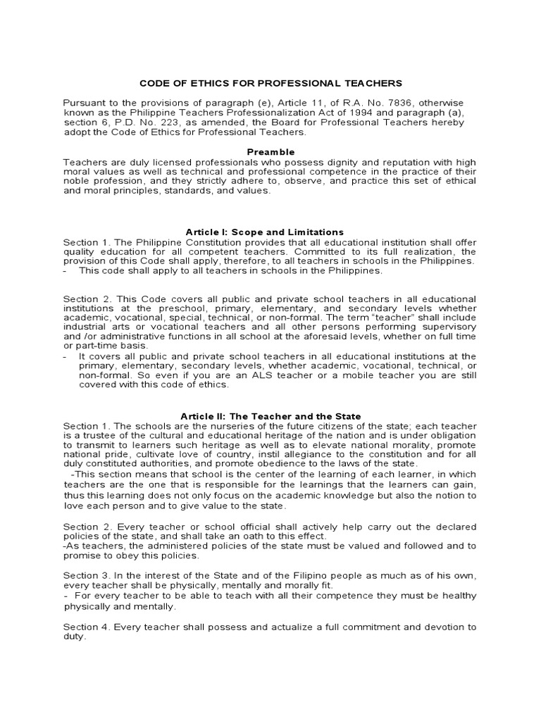 Philippines Code of Ethics Fo Professional Teachers | PDF | Teachers ...