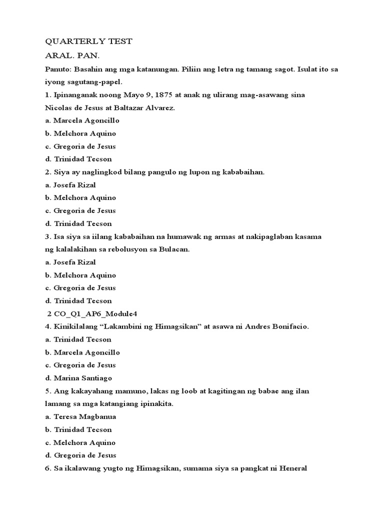 Quarterly Test First Quarter Exam 6 | PDF