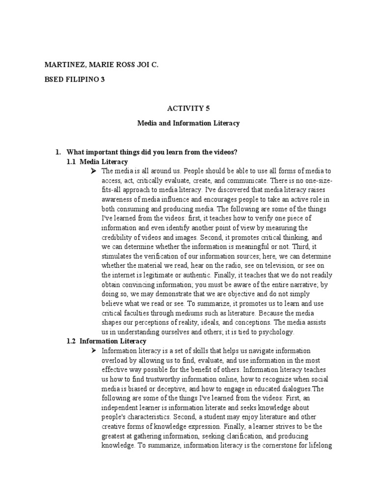 Activity 5 Benlac Martinez Marie Ross Joi | PDF | Information Literacy | Literacy