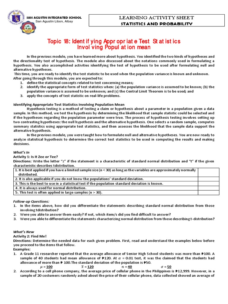 Topic 18 Identifying The Appropriate Test Statistics Involving ...