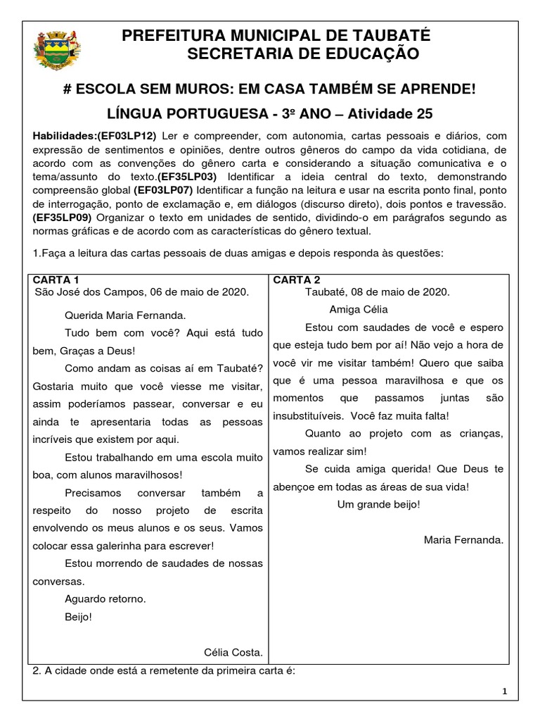 3ano LÍNGUA PORTUGUESA Ativ25 Ler e Compreender Com Autonomia Cartas | PDF