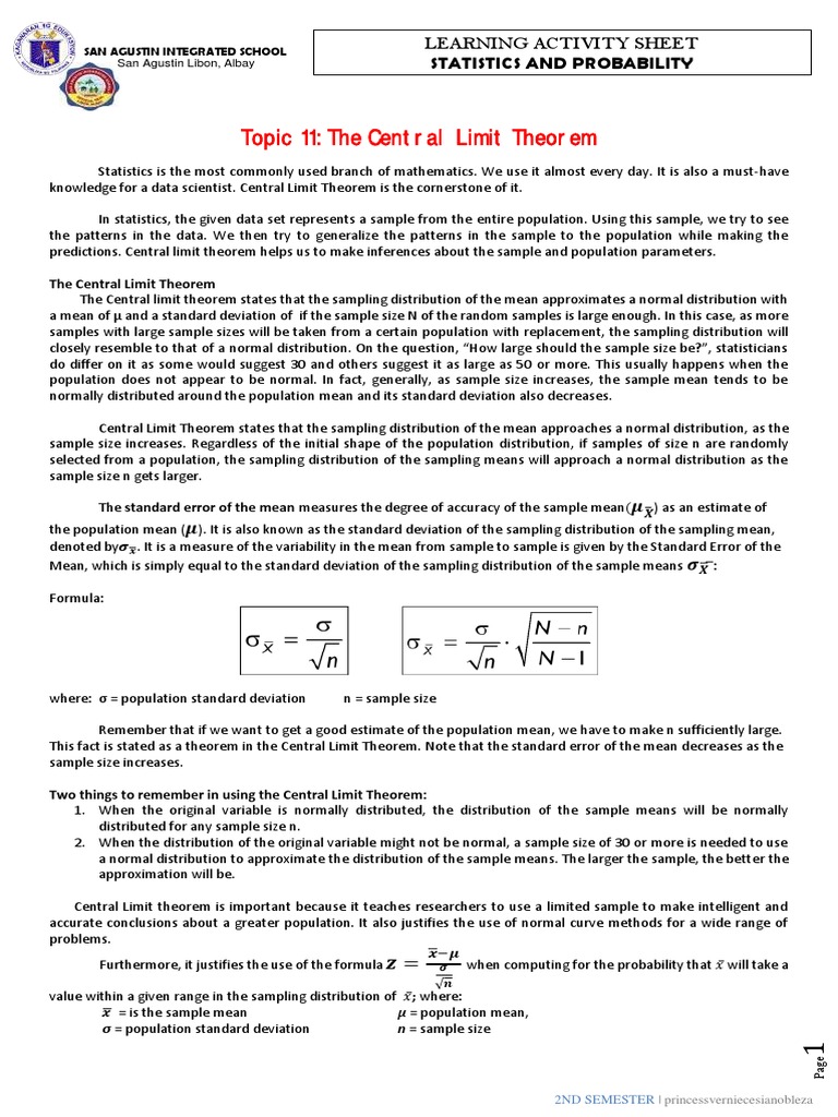 Topic 12 Central Limit Theorem PDF | PDF | Normal Distribution | Standard Deviation