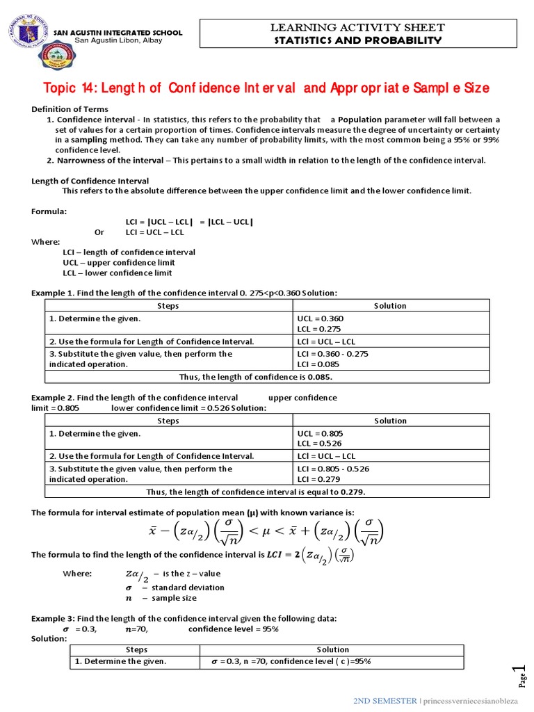 Topic 14 Length of Confidence Interval and Appropriate Sample Size PDF | PDF | Confidence ...