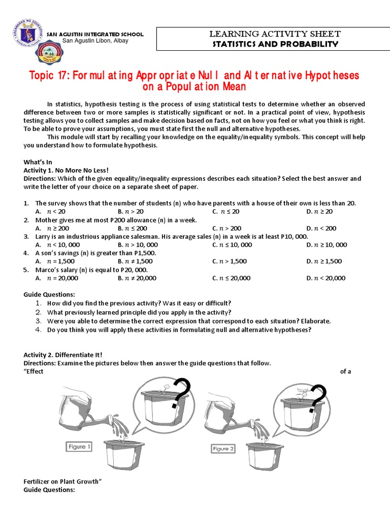 Topic 17 Formulating Appropriate Null and Alternative Hypotheses On A ...