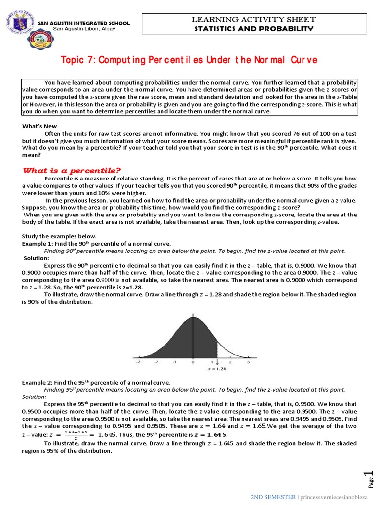 Topic 07 Computing Percentiles Under The Normal Curve | PDF ...