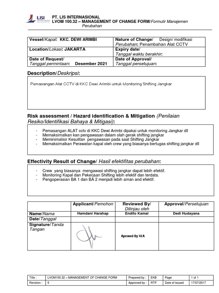 LOPM 100.32 - Managemet of Change Form - Install CCTV KKC Dewi Arimbi ...