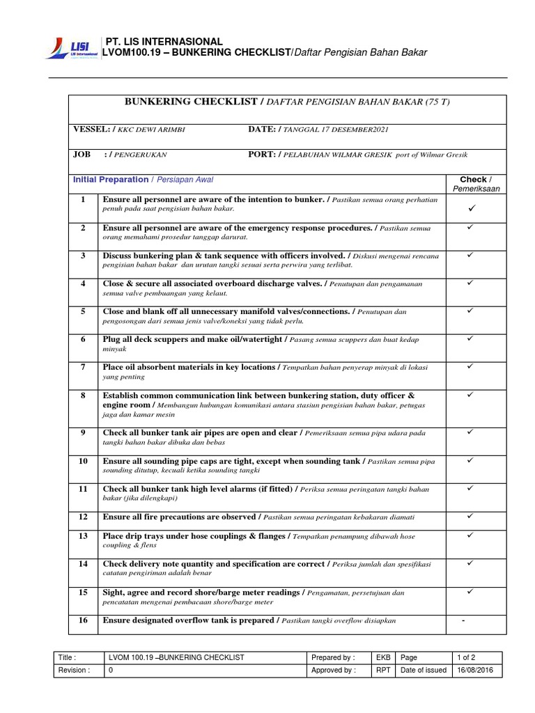 LVOM 100.19 - Bunkering Checklist 17122021- Rev 0.pdf | PDF