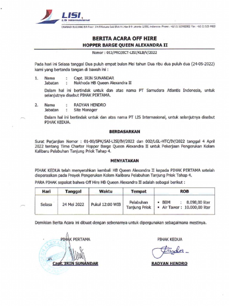 Berita Acara Off Hire Qa 2 | PDF