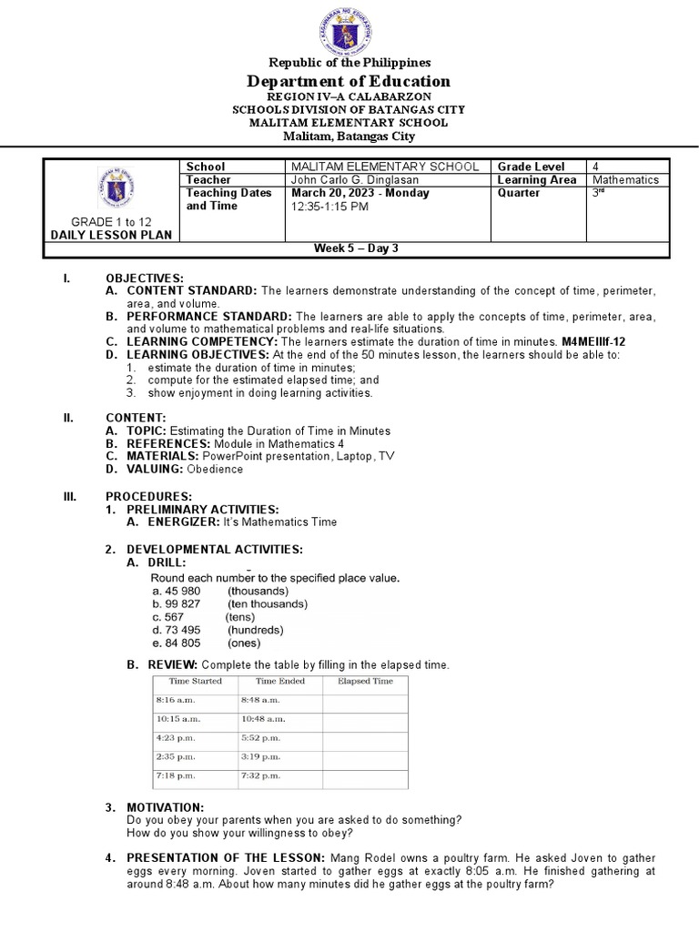 DLP - Q3 - W5 - Day 3 - Mathematics 4 | PDF | Learning | Cognition
