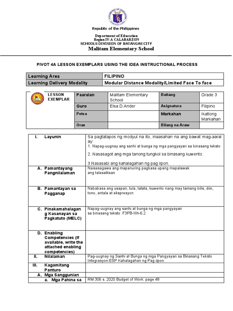 IDEA Lesson Exemplar Filipino 3 Quarter 3 Week 8 | PDF