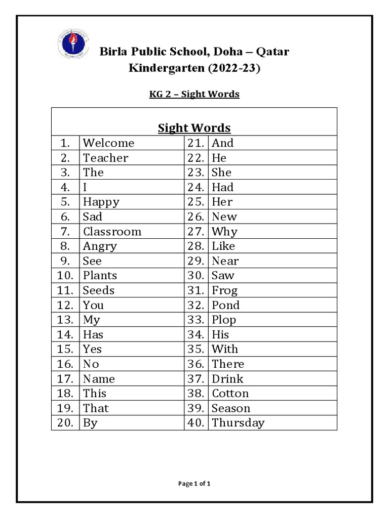 KG 2 - Sight Words (F) | PDF