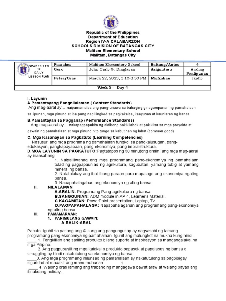 DLP in AP 4 3rd Quarter Week 5 Day 5 | PDF
