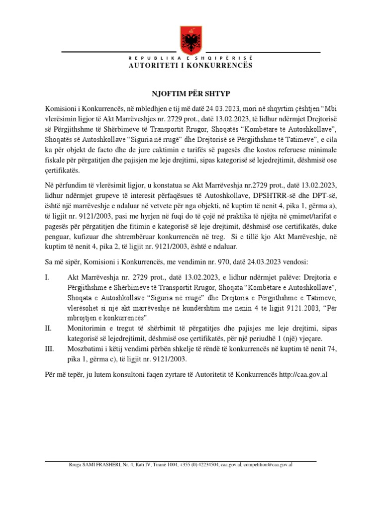 Autoriteti I Konkurrencës - Njoftim Per Shtyp, 24 Mars 2023 | PDF