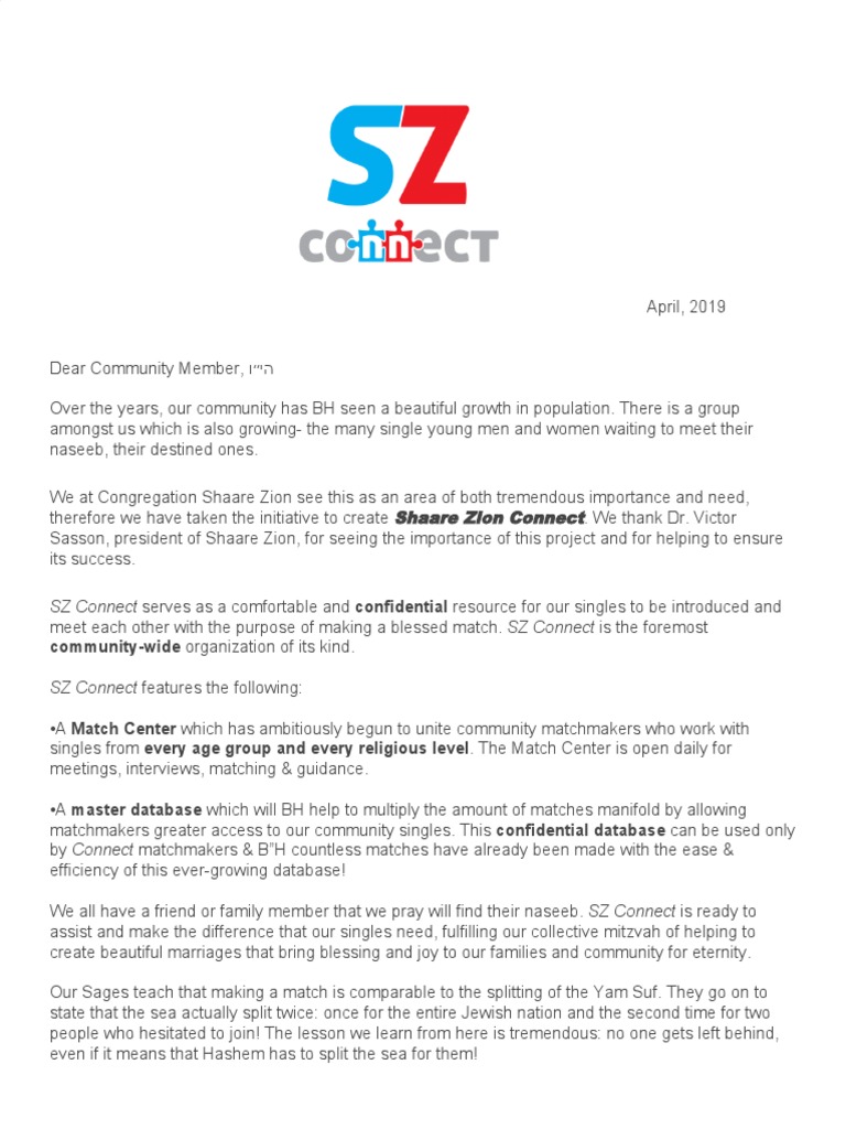 Shaare Zion Connect Announcement Letter | PDF | Jews And Judaism