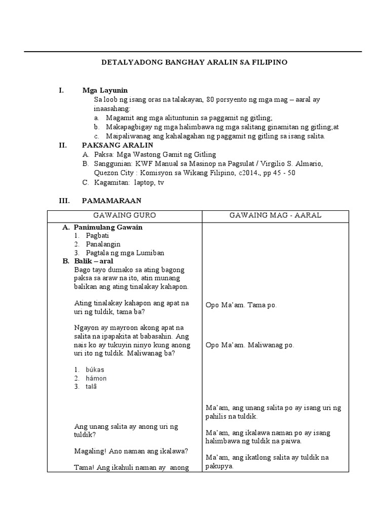 Mtolarte Banghay Aralin Gitling | PDF