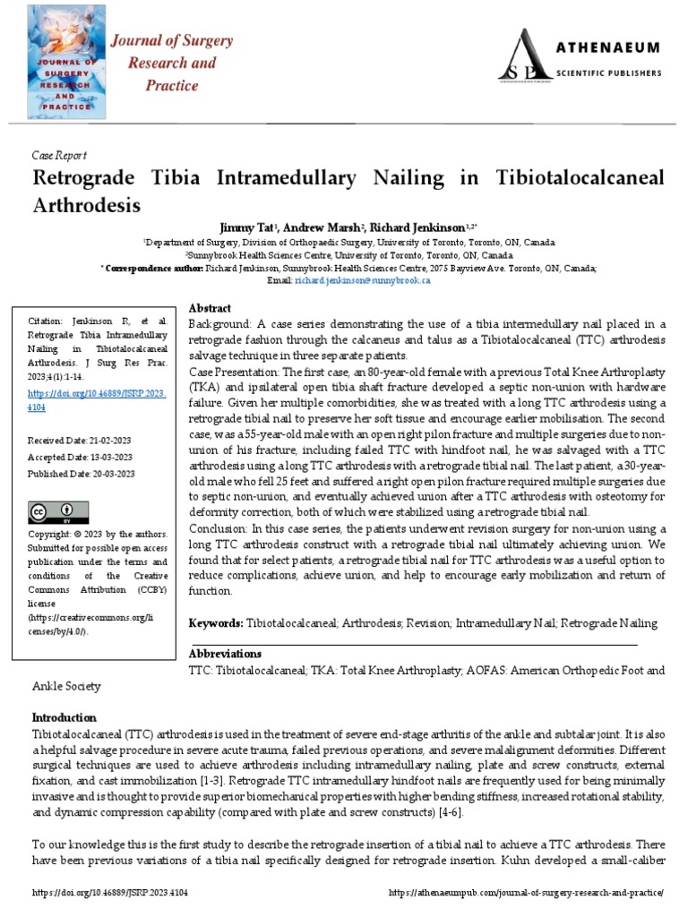 Retrograde Tibia Intramedullary Nailing in Tibiotalocalcaneal ...