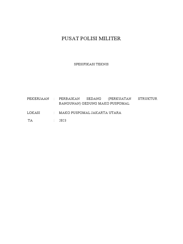 RKS Dan Spesifikasi Teknis Perbaikan Sedang Gedung MAKO PUSPOMAL | PDF