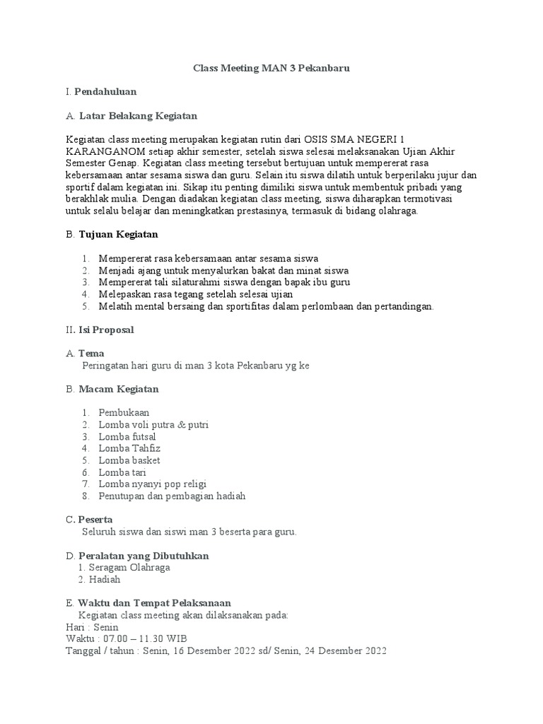 Class Meeting MAN 3 Pekanbaru 2022 | PDF