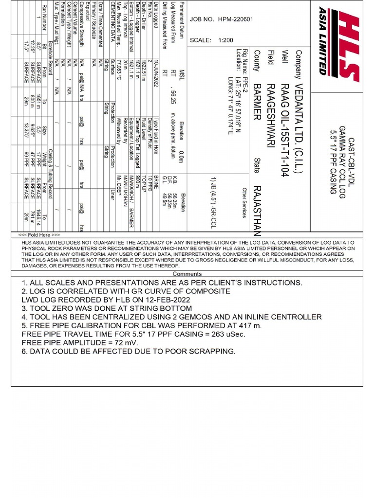 CBL-VDL-CAST-GR-CCL - 5.5IN - RAAG OIL 15ST - 10jun2022 PDF | PDF