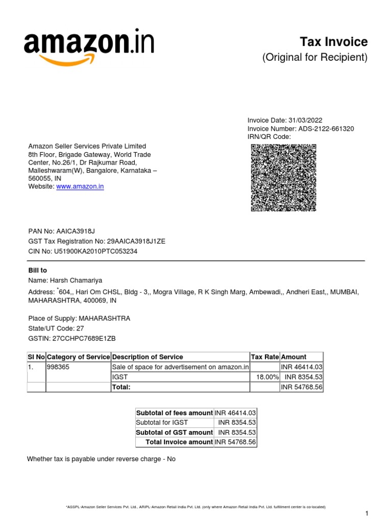 Monthly Advertising Services Tax Invoice from Amazon Seller Services ...