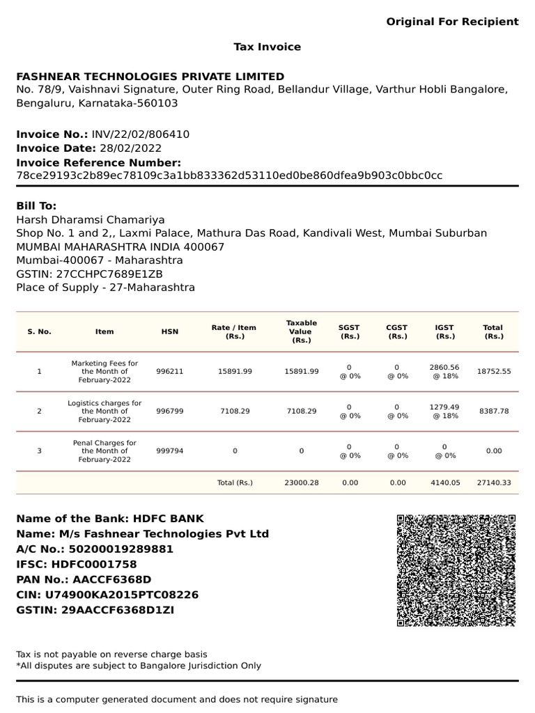 HDFC Bank Tax Invoice for Fashnear Tech | PDF | Public Finance | Taxation