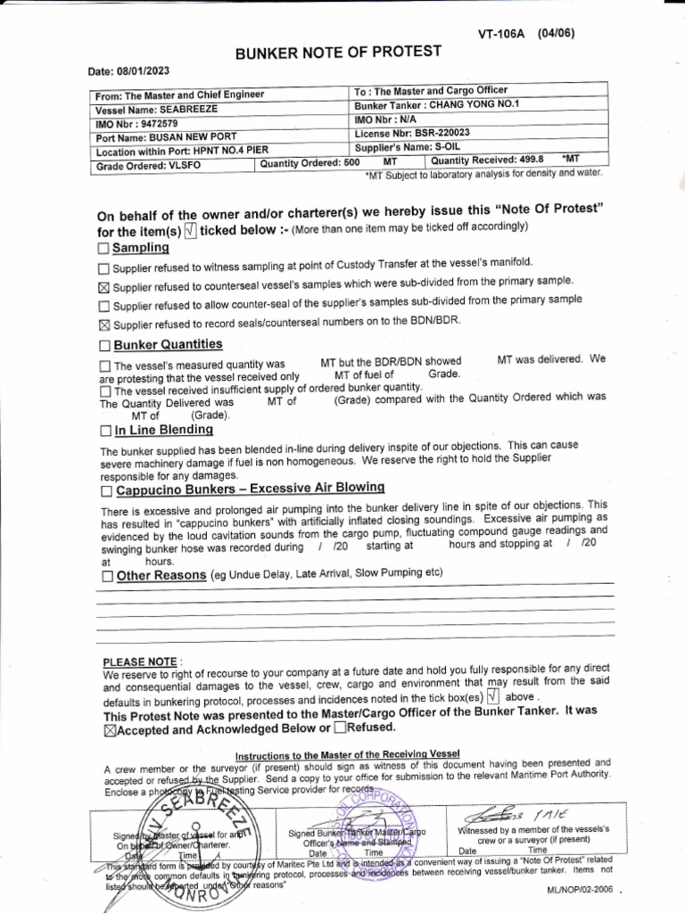 Bunker Note of Protest PDF | PDF | Shipping | Ships