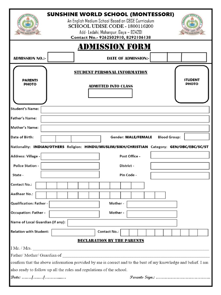 Admission Form Format | PDF