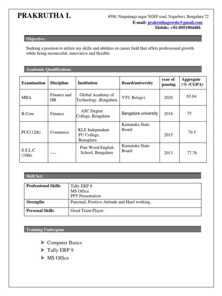 Prakrutha L Resume | PDF | Bangalore