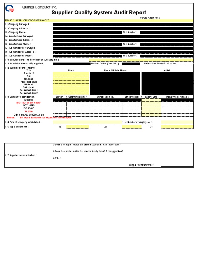 Supplier Quality System Audit Report: Quanta Computer Inc | PDF | Audit ...