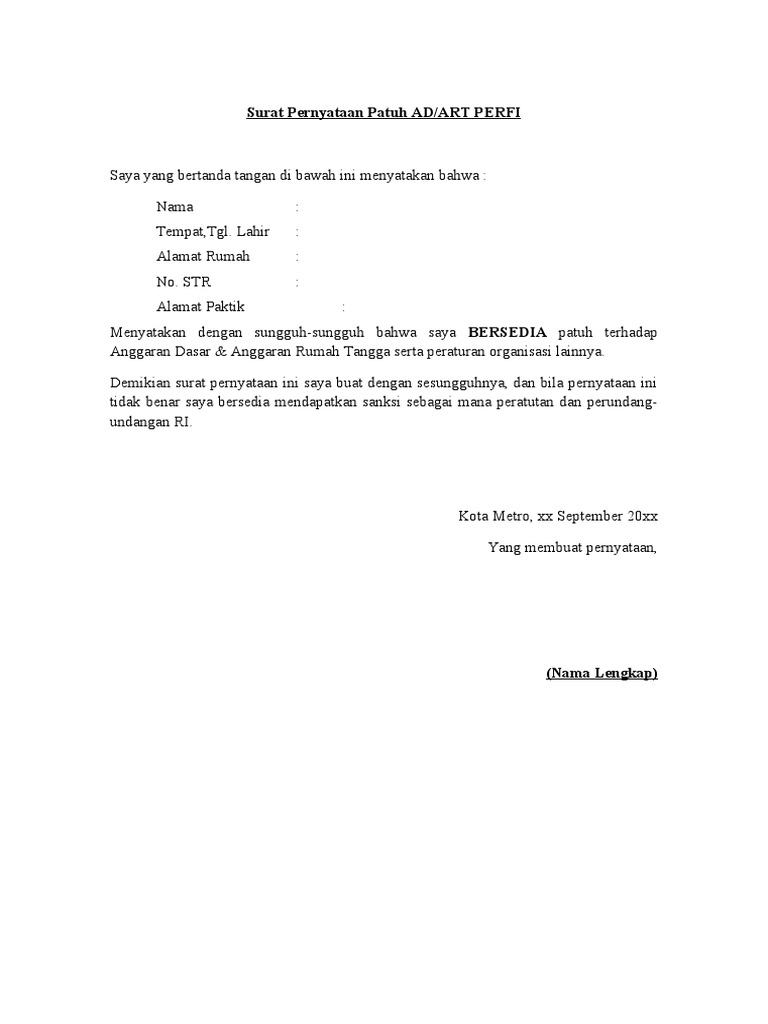 (MASTER) Surat Pernyataan Patuh AD - ART | PDF