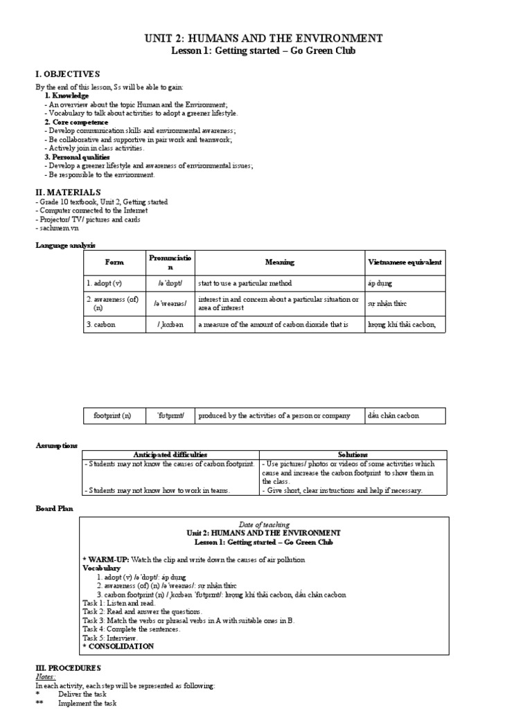 GA Tieng Anh 10 Global Unit 2 HUMANS AND THE ENVIRONMENT | PDF | Verb ...