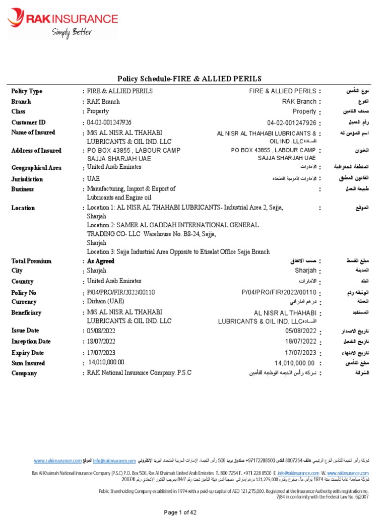 Policy - Fir 2022 - Al Nisr Al Thahabi Lubricants Oil Ind. LLC | PDF ...