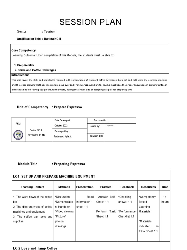 Barista Session Plan 1 | Download Free PDF | Coffee | Drink