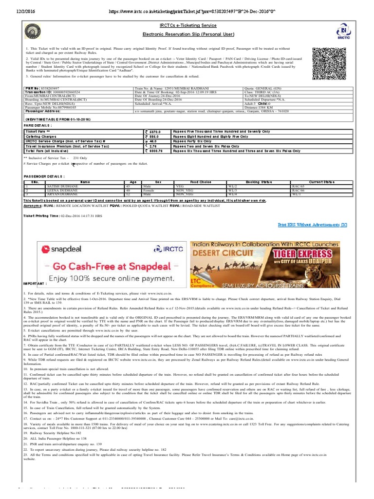 Mumbai Delhi Ticket | PDF | Identity Document | Ticket (Admission)