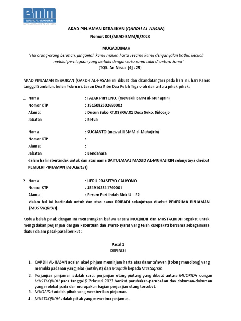 Draft-Akad-Pinjaman-Qard Hasan - Rev.2 | PDF