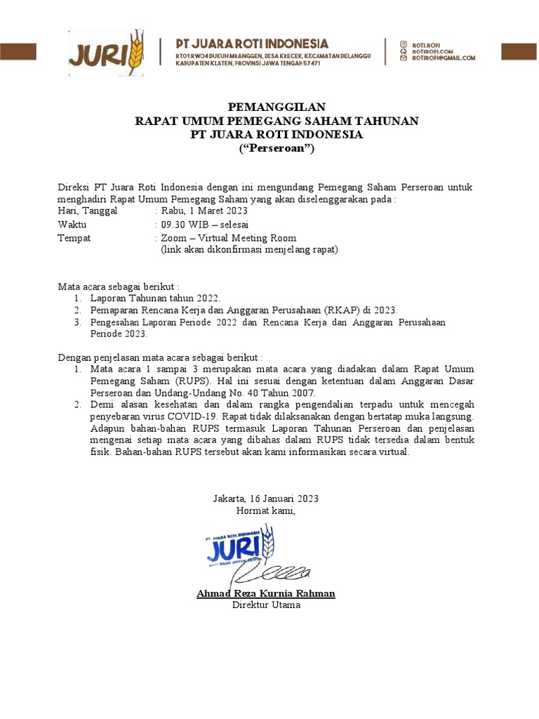 Undangan RUPS PT Juara Roti Indonesia | PDF