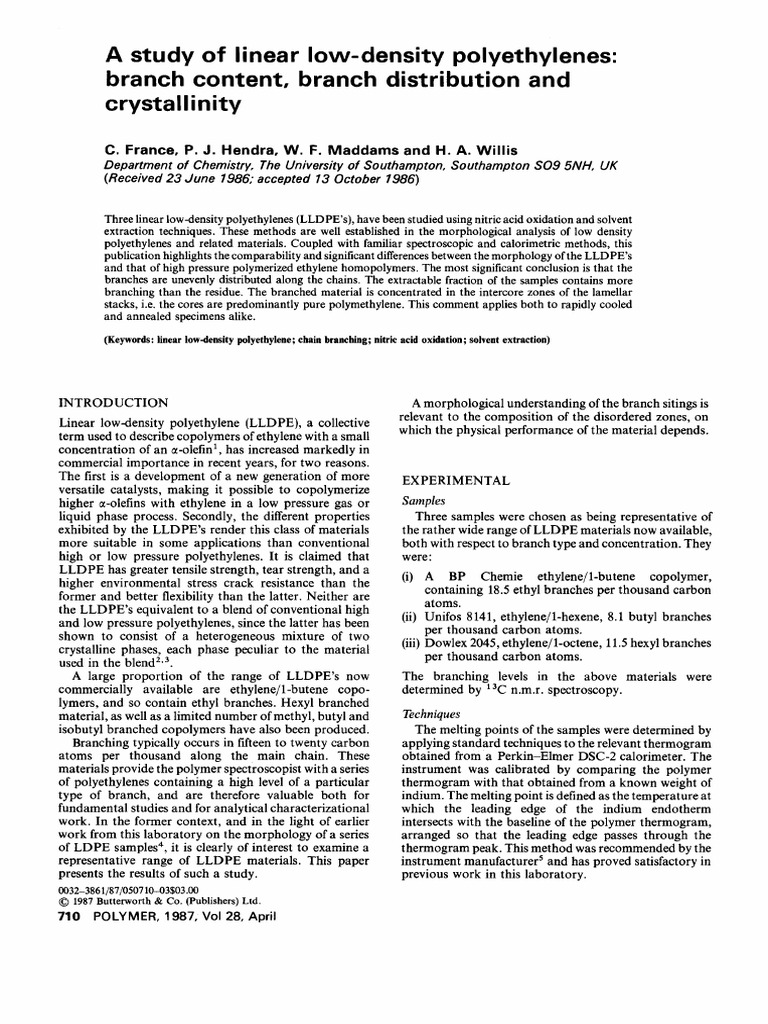 A Study of Linear Low-Density Polyethylenes - Branch Content, Branch ...