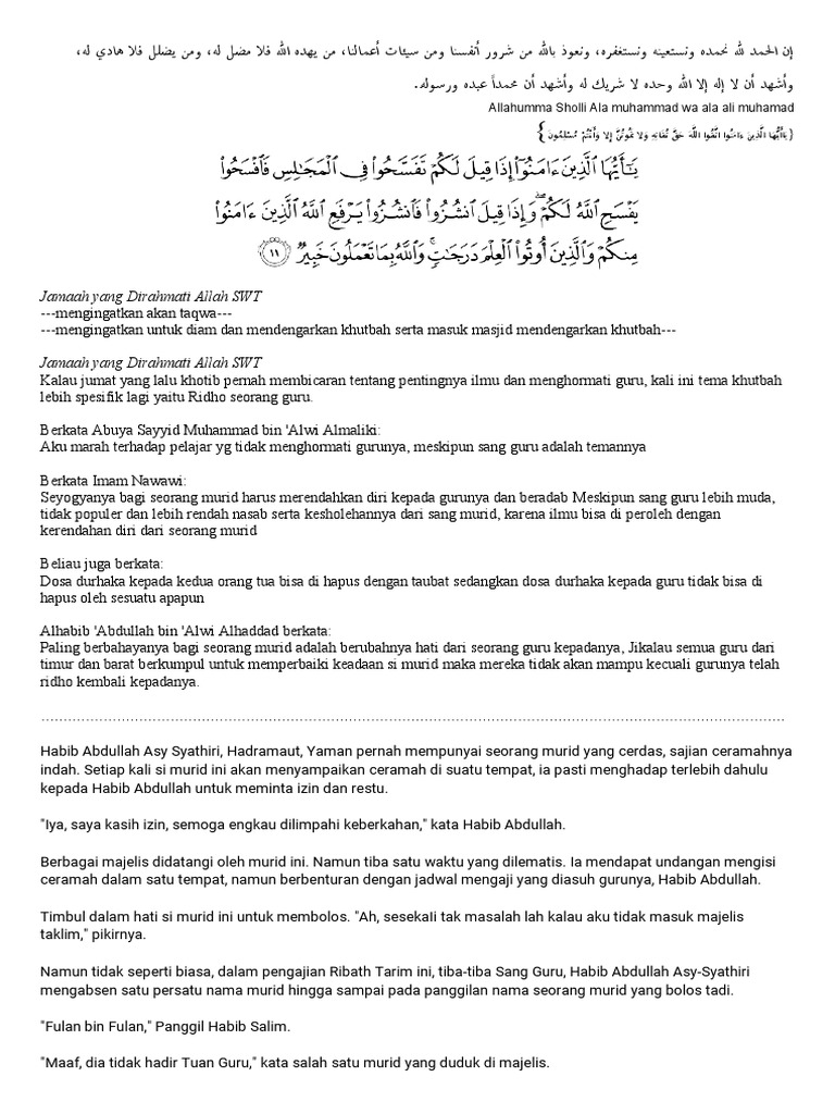 Khutbah Jumat Ridho Guru | PDF