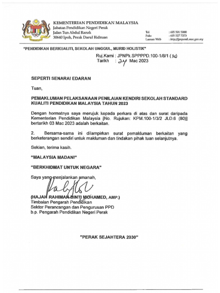 Moe PEMAKLUMAN PELAKSANAAN PENILAIAN KENDIRI SEKOLAH SKPM 2023 | PDF