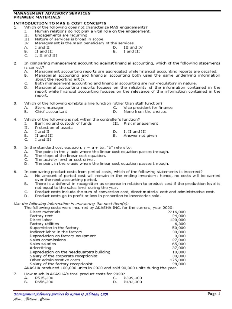 INTRODUCTION TO MANAGEMENT ADVISORY SERVICES COST CONCEPTS | PDF ...