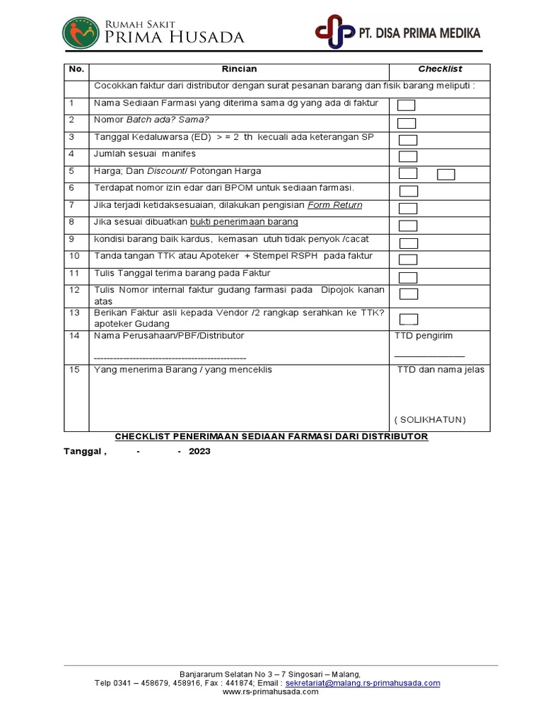 Checklist Penerimaan Barang Sediaan Farmasi Dengan Distributor | PDF