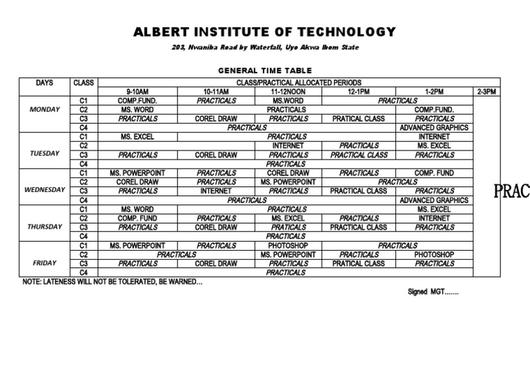 Computer Studies Timetable for Classes C1 Through C4 at Albert ...