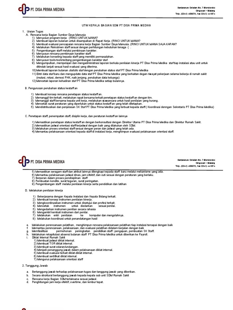 Utw Dan Tugas Harian SDM PT | PDF