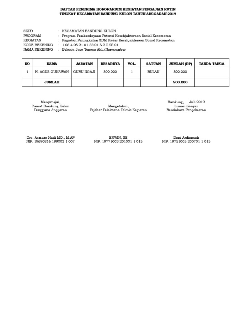 Daftar Honor Kegiatan Pengajian 2019 | PDF | Bisnis | Sains & Matematika